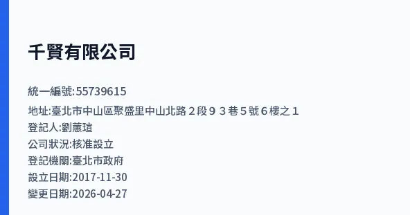 千賢有限公司的照片-統編 55739615(臺北市) 公司登記資料與營業項目詳細圖表