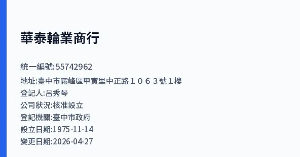 華泰輪業商行的照片-統編 55742962(臺中市) 公司登記資料與營業項目詳細圖表