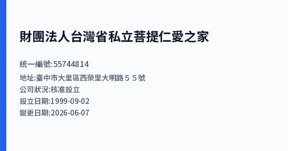 財團法人台灣省私立菩提仁愛之家的照片-統編 55744814(臺中市) 公司登記資料與營業項目詳細圖表