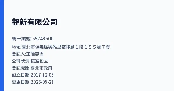觀新有限公司的照片-統編 55748500(臺北市) 公司登記資料與營業項目詳細圖表