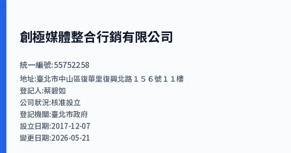 創極媒體整合行銷有限公司的照片-統編 55752258(臺北市) 公司登記資料與營業項目詳細圖表