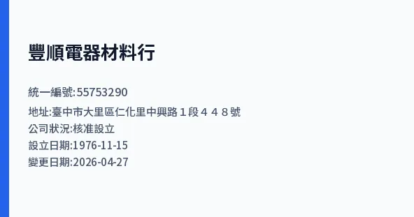 豐順電器材料行的照片-統編 55753290(臺中市) 公司登記資料與營業項目詳細圖表