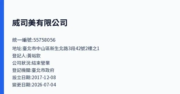 威司美有限公司的照片-統編 55758056(臺北市) 公司登記資料與營業項目詳細圖表