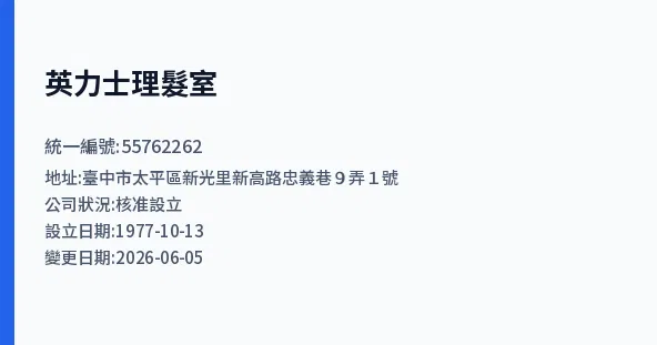 英力士理髮室的照片-統編 55762262(臺中市) 公司登記資料與營業項目詳細圖表