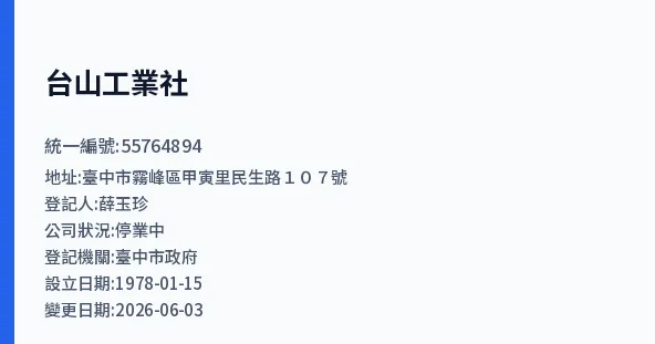 台山工業社的照片-統編 55764894(臺中市) 公司登記資料與營業項目詳細圖表