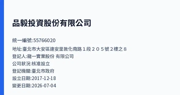品毅投資股份有限公司的照片-統編 55766020(臺北市) 公司登記資料與營業項目詳細圖表