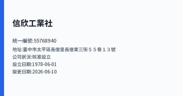 信欣工業社的照片-統編 55768940(臺中市) 公司登記資料與營業項目詳細圖表
