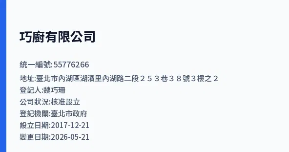 巧廚有限公司的照片-統編 55776266(臺北市) 公司登記資料與營業項目詳細圖表