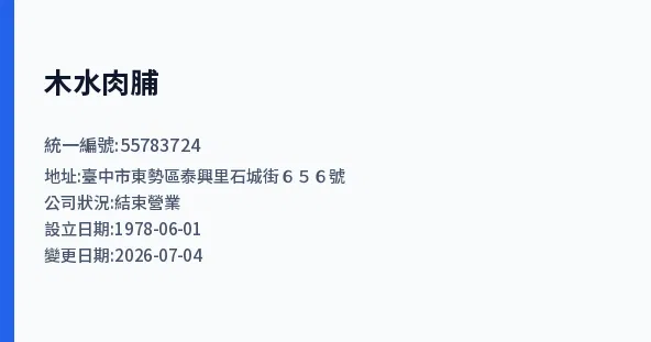 木水肉脯的照片-統編 55783724(臺中市) 公司登記資料與營業項目詳細圖表