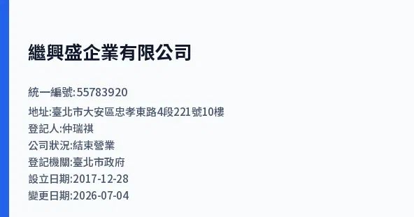 繼興盛企業有限公司的照片-統編 55783920(臺北市) 公司登記資料與營業項目詳細圖表