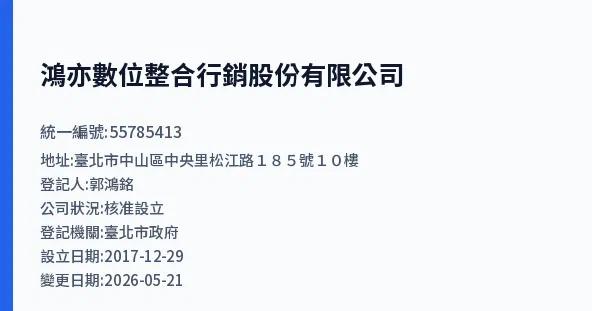 鴻亦數位整合行銷股份有限公司的照片-統編 55785413(臺北市) 公司登記資料與營業項目詳細圖表