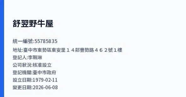 舒翌野牛屋的照片-統編 55785835(臺中市) 公司登記資料與營業項目詳細圖表