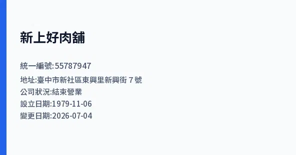 新上好肉舖的照片-統編 55787947(臺中市) 公司登記資料與營業項目詳細圖表
