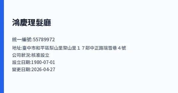 鴻慶理髮廳的照片-統編 55789972(臺中市) 公司登記資料與營業項目詳細圖表