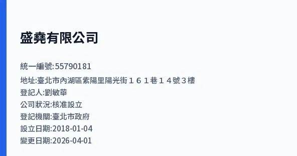 盛堯有限公司的照片-統編 55790181(臺北市) 公司登記資料與營業項目詳細圖表