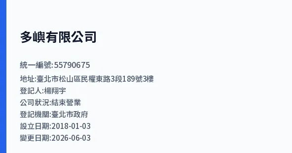 多嶼有限公司的照片-統編 55790675(臺北市) 公司登記資料與營業項目詳細圖表