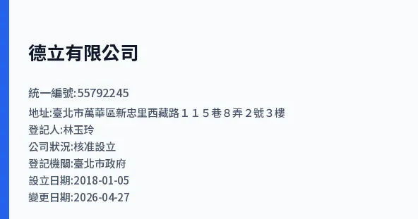 德立有限公司的照片-統編 55792245(臺北市) 公司登記資料與營業項目詳細圖表