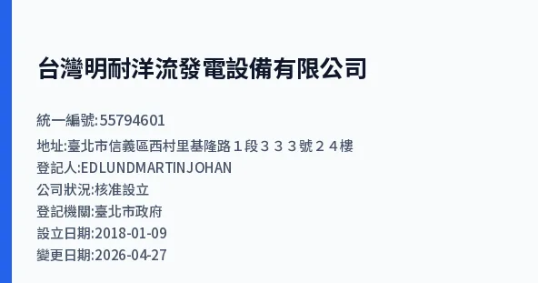 台灣明耐洋流發電設備有限公司的照片-統編 55794601(臺北市) 公司登記資料與營業項目詳細圖表