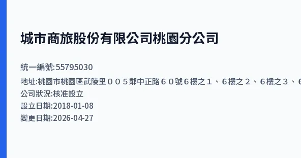 城市商旅股份有限公司桃園分公司的照片-統編 55795030(桃園市) 公司登記資料與營業項目詳細圖表