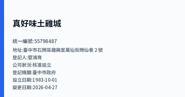 真好味土雞城的照片-統編 55798487(臺中市) 公司登記資料與營業項目詳細圖表
