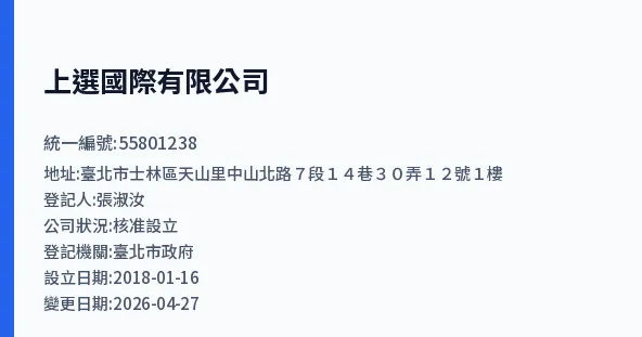 上選國際有限公司的照片-統編 55801238(臺北市) 公司登記資料與營業項目詳細圖表