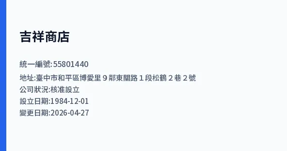 吉祥商店的照片-統編 55801440(臺中市) 公司登記資料與營業項目詳細圖表