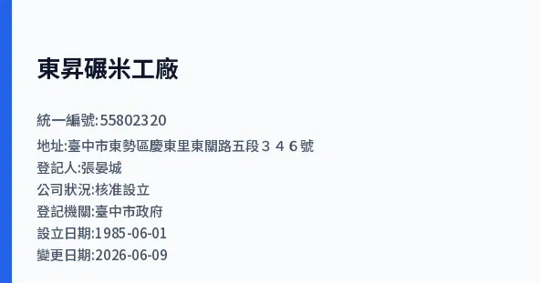 東昇碾米工廠的照片-統編 55802320(臺中市) 公司登記資料與營業項目詳細圖表