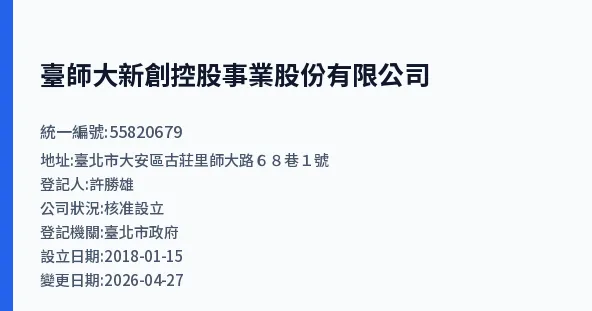 臺師大新創控股事業股份有限公司的照片-統編 55820679(臺北市) 公司登記資料與營業項目詳細圖表