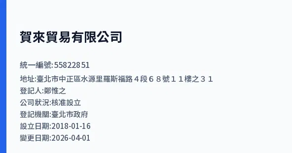 賀來貿易有限公司的照片-統編 55822851(臺北市) 公司登記資料與營業項目詳細圖表