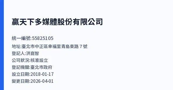 贏天下多媒體股份有限公司的照片-統編 55825105(臺北市) 公司登記資料與營業項目詳細圖表