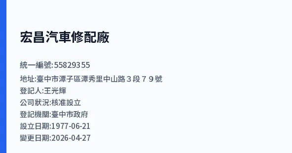 宏昌汽車修配廠的照片-統編 55829355(臺中市) 公司登記資料與營業項目詳細圖表