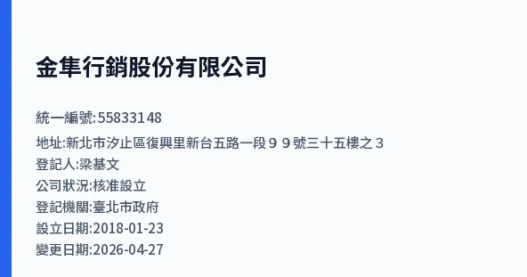 金隼行銷股份有限公司的照片-統編 55833148(新北市) 公司登記資料與營業項目詳細圖表