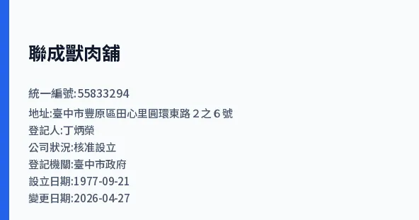 聯成獸肉舖的照片-統編 55833294(臺中市) 公司登記資料與營業項目詳細圖表