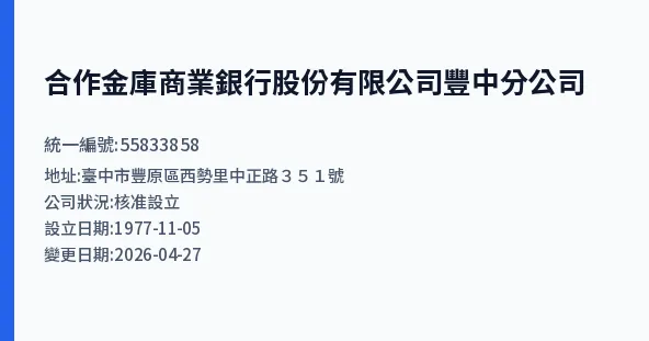 合作金庫商業銀行股份有限公司豐中分公司的照片-統編 55833858(臺中市) 公司登記資料與營業項目詳細圖表
