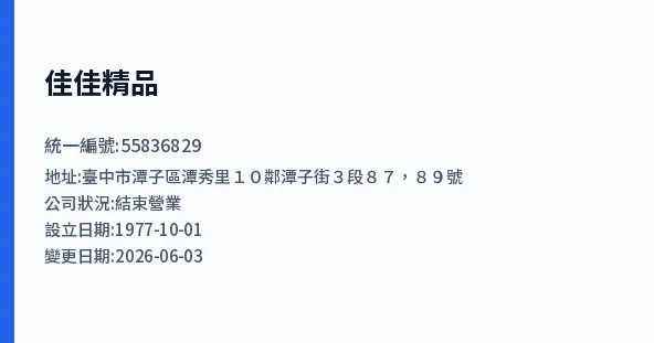 佳佳精品的照片-統編 55836829(臺中市) 公司登記資料與營業項目詳細圖表