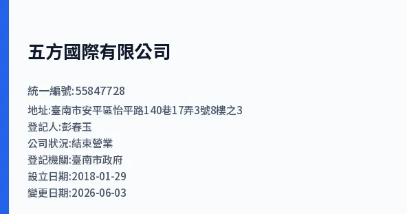 五方國際有限公司的照片-統編 55847728(臺南市) 公司登記資料與營業項目詳細圖表