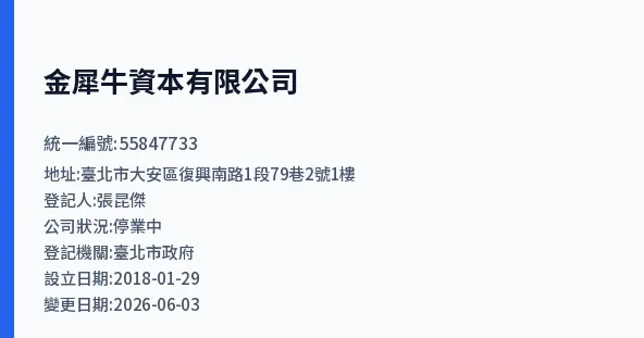 金犀牛資本有限公司的照片-統編 55847733(臺北市) 公司登記資料與營業項目詳細圖表