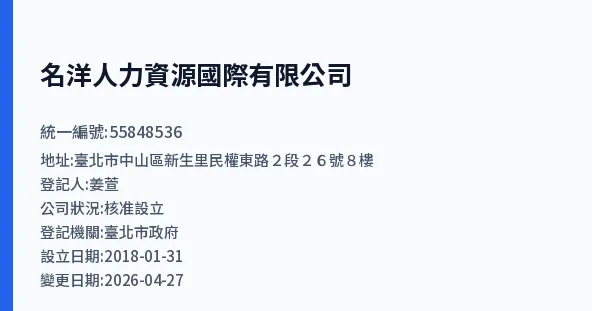 名洋人力資源國際有限公司的照片-統編 55848536(臺北市) 公司登記資料與營業項目詳細圖表
