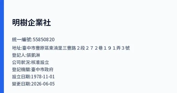 明樹企業社的照片-統編 55850820(臺中市) 公司登記資料與營業項目詳細圖表