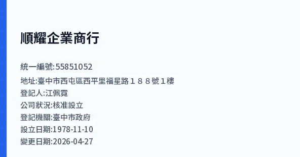順耀企業商行的照片-統編 55851052(臺中市) 公司登記資料與營業項目詳細圖表