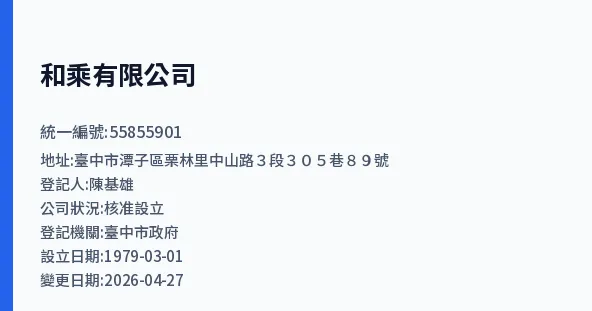 和乘有限公司的照片-統編 55855901(臺中市) 公司登記資料與營業項目詳細圖表