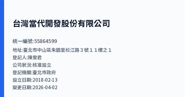 台灣當代開發股份有限公司的照片-統編 55864599(臺北市) 公司登記資料與營業項目詳細圖表