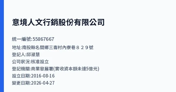 意境人文行銷股份有限公司的照片-統編 55867667(南投縣) 公司登記資料與營業項目詳細圖表
