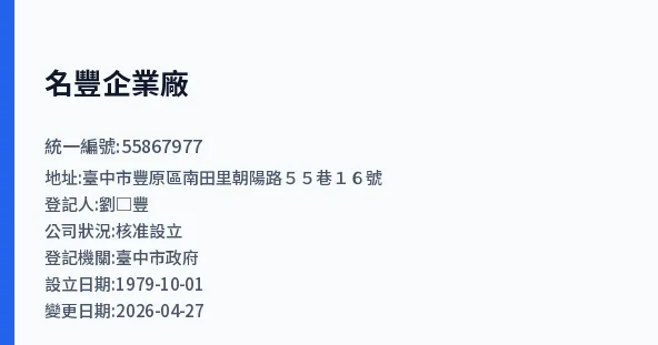 名豐企業廠的照片-統編 55867977(臺中市) 公司登記資料與營業項目詳細圖表