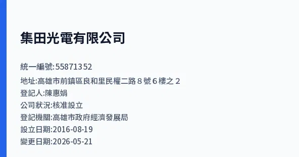 集田光電有限公司的照片-統編 55871352(高雄市) 公司登記資料與營業項目詳細圖表
