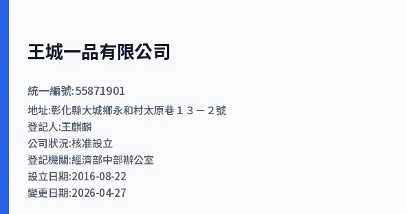王城一品有限公司的照片-統編 55871901(彰化縣) 公司登記資料與營業項目詳細圖表