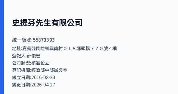 史提芬先生有限公司的照片-統編 55873393(嘉義縣) 公司登記資料與營業項目詳細圖表