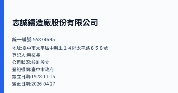 志誠鑄造廠股份有限公司的照片-統編 55874695(臺中市) 公司登記資料與營業項目詳細圖表