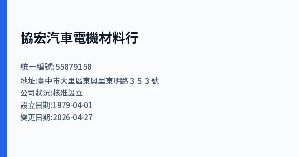 協宏汽車電機材料行的照片-統編 55879158(臺中市) 公司登記資料與營業項目詳細圖表
