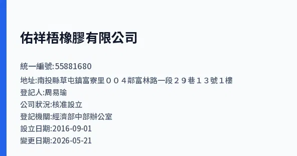 佑祥梧橡膠有限公司的照片-統編 55881680(南投縣) 公司登記資料與營業項目詳細圖表